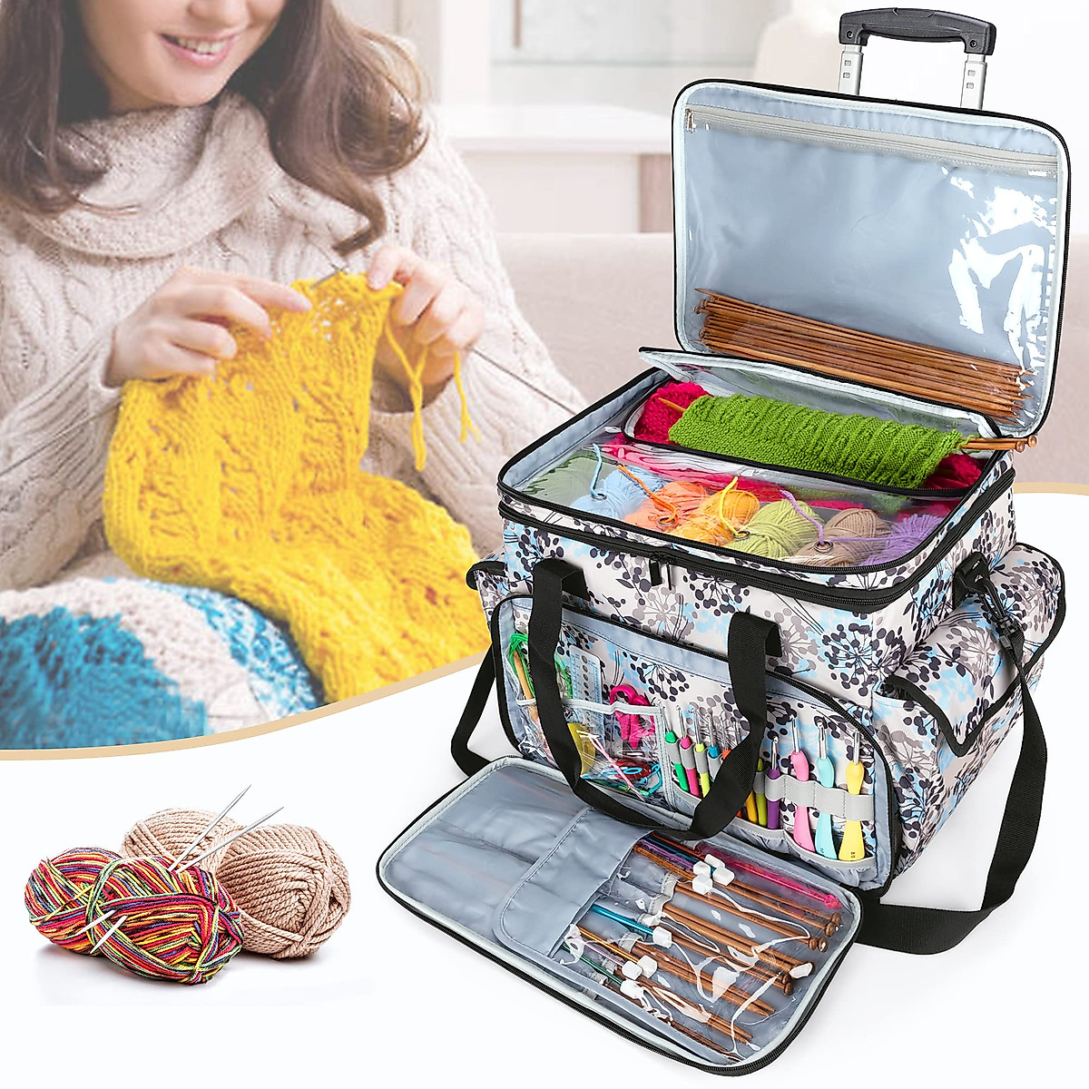 Teamoy Yarn Bag Organizer on Wheels, Rolling Knitting Bag with Wheels for WIP, Crochet Hooks, Knitting Needles and Supplies(No Accessories Included), Dandelion