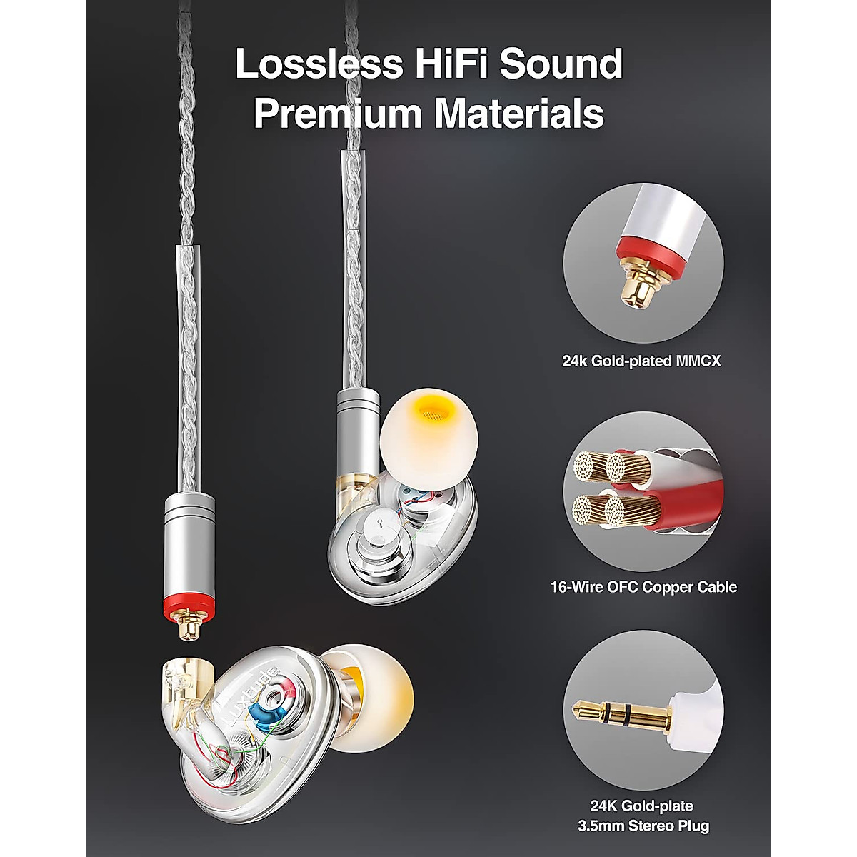 Luxtude CX1 Earphones Wired Earbuds in-Ear Monitor Headphones, Tangle-Free MMCX Corded Noise-Isolating IEM Ear Phones, HiFi Sound DD Bass Driven Sound, Carry Case, Ear Buds Tips (Clear Brown, No Mic)