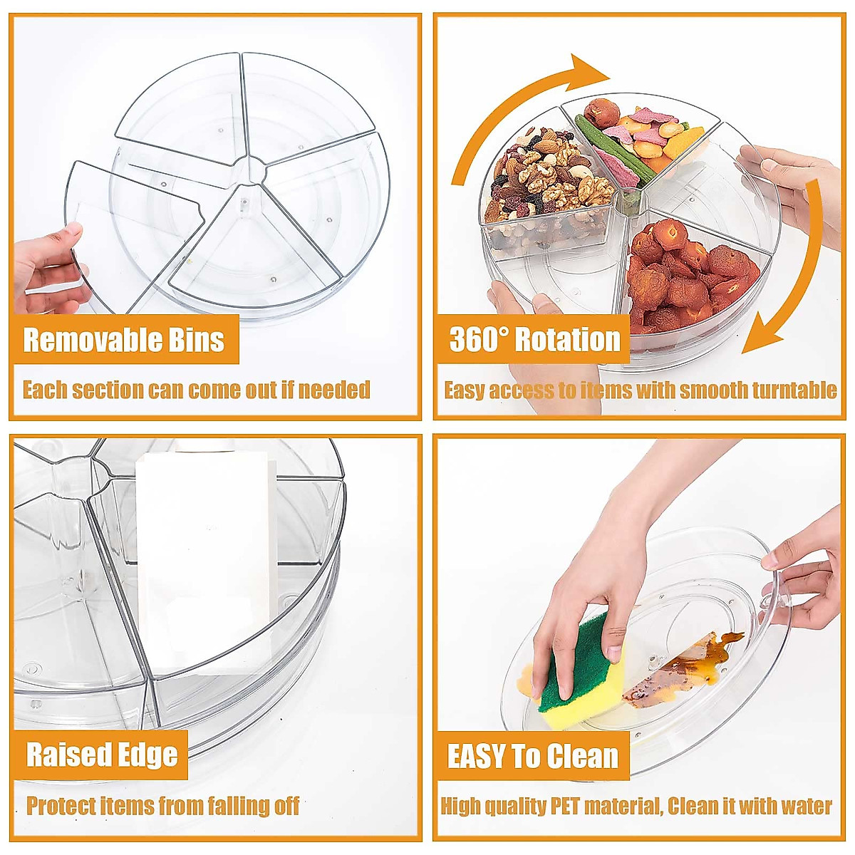 Roninkier Clear Lazy-Susan Organizer with 5-Removable-Bins - 11 Inch Round Plastic Rotating Storage Container for Cabinet, Pantry, Kitchen, Fridge, Vanity