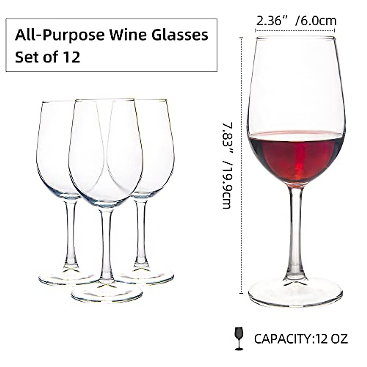HAKEEMI Wine Glasses Set of 12, 12 oz Red White Wine Glasses, Clear, Dishwasher Safe