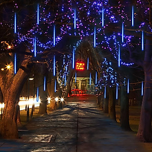 Christmas Decorations, Outdoor Solar Christmas Lights, 12 inch 8 Tube 144 LED IP65 Waterproof Falling Meteor Shower Rain Lights for Holiday Xmas Wedding Party Garden Home Patio Yard Tree Decor (Blue)