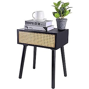 Rattan Nightstand, Small End Table with Storage (No Assembly Required), Black Side Tables Bedside Table Mid-Century Modern Style Coffee Table for Living Room Bedroom Balcony Office