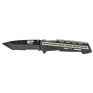Smith & Wesson M&P AR Overmold 8.2in High Carbon S.S. Folding Knife with 3.5in Serrated Tanto Blade and Rubber Handle for Outdoor Survival and EDC, 1100082,Silver/Black