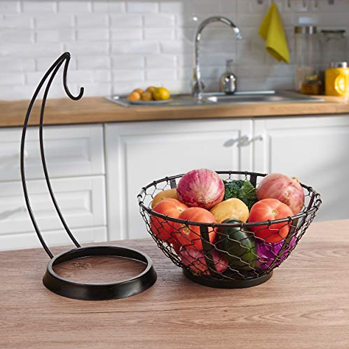 Gourmet Basics by Mikasa Farmer's Market Fruit Basket with Banana Hook, 14 3/4 inches Tall with a 12-inch Diameter, Black