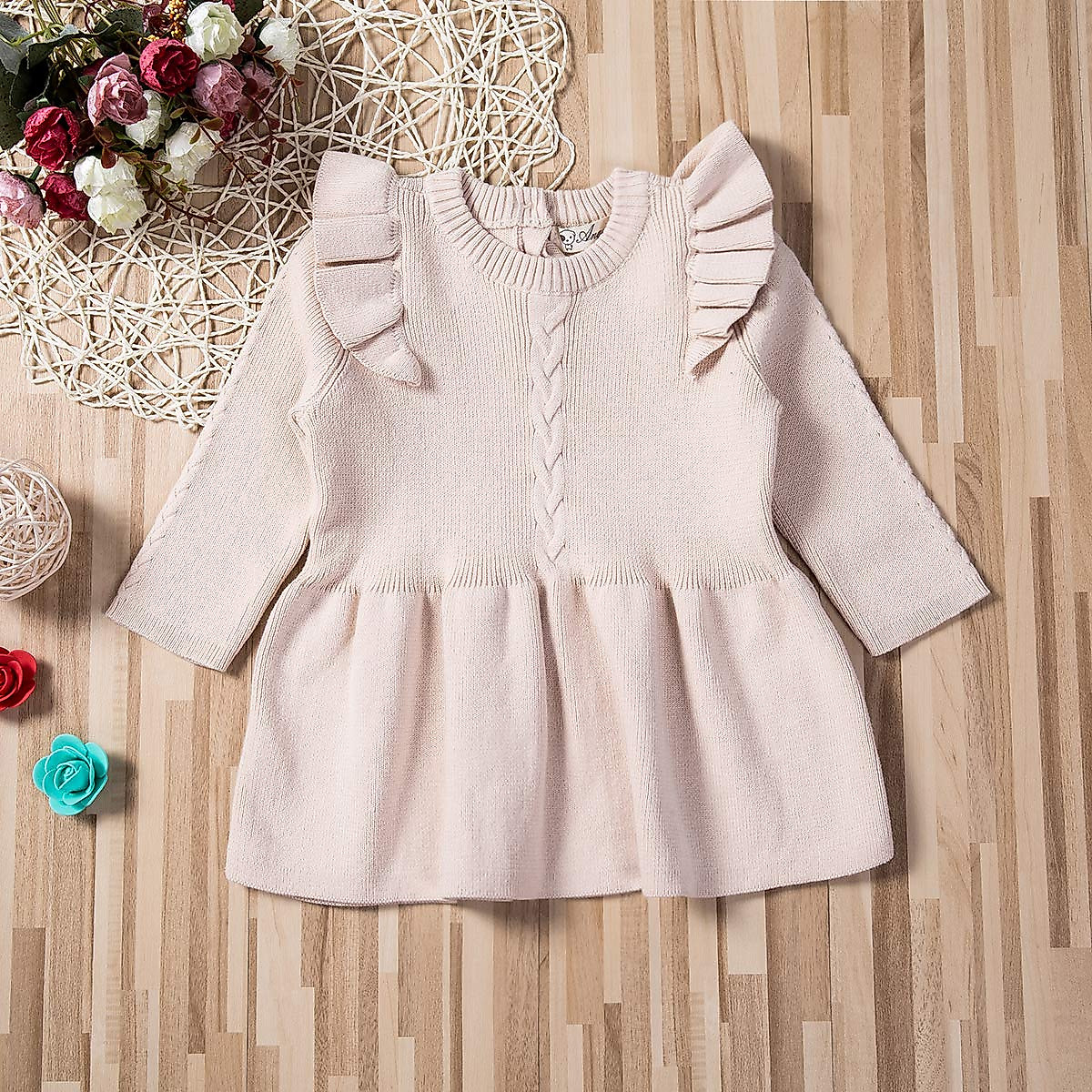 Merqwadd Infant Toddler Baby Girl Pleated Dress Solid Longsleeve Knit Sweater Winter Dress (3-6 Months,B-Ruffle Sweater Apricot)