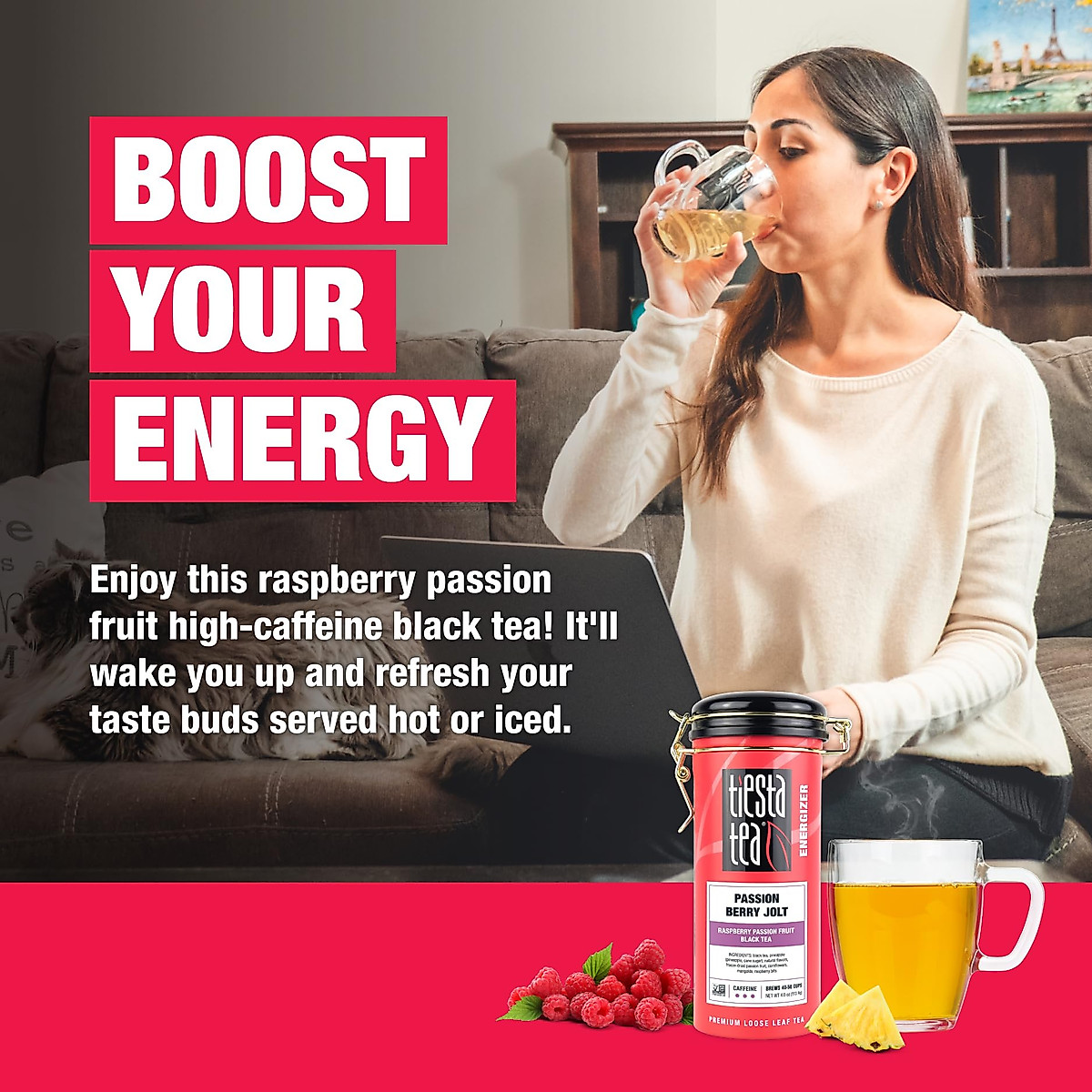 Tiesta Tea - Passion Berry Jolt, Raspberry Passion Fruit Black Tea, Premium Loose Leaf Tea Blends, Caffeinated Black Tea, Make Hot or Iced Tea & Brews Up to 50 Cups - 4 Ounce Refillable Tin