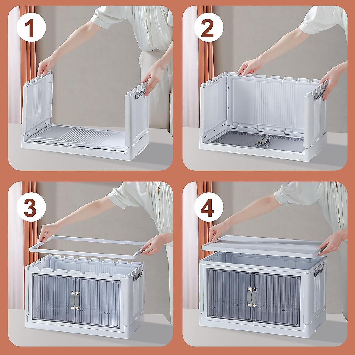 MOPUP 264 QT Stackable Storage Bins with Lids and Doors and Wheels - 4 Pack 16 GAL Plastic Storage Bins,White Closet Organizers and Storage,Dual Open Doors Collapsible Storage Bins for Home and Office