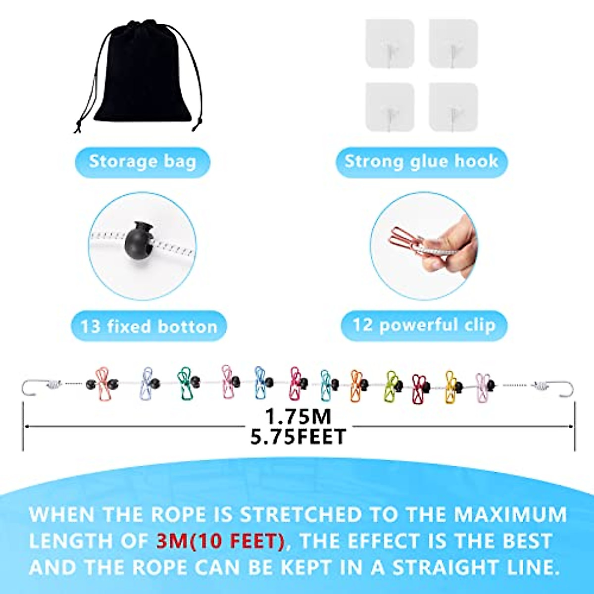 Portable Clothesline with 12 Clothespins, Retractable Travel Clothesline, Suitable for Home Indoor and Outdoor Drying, as Well as Balcony, Outdoor Camping use