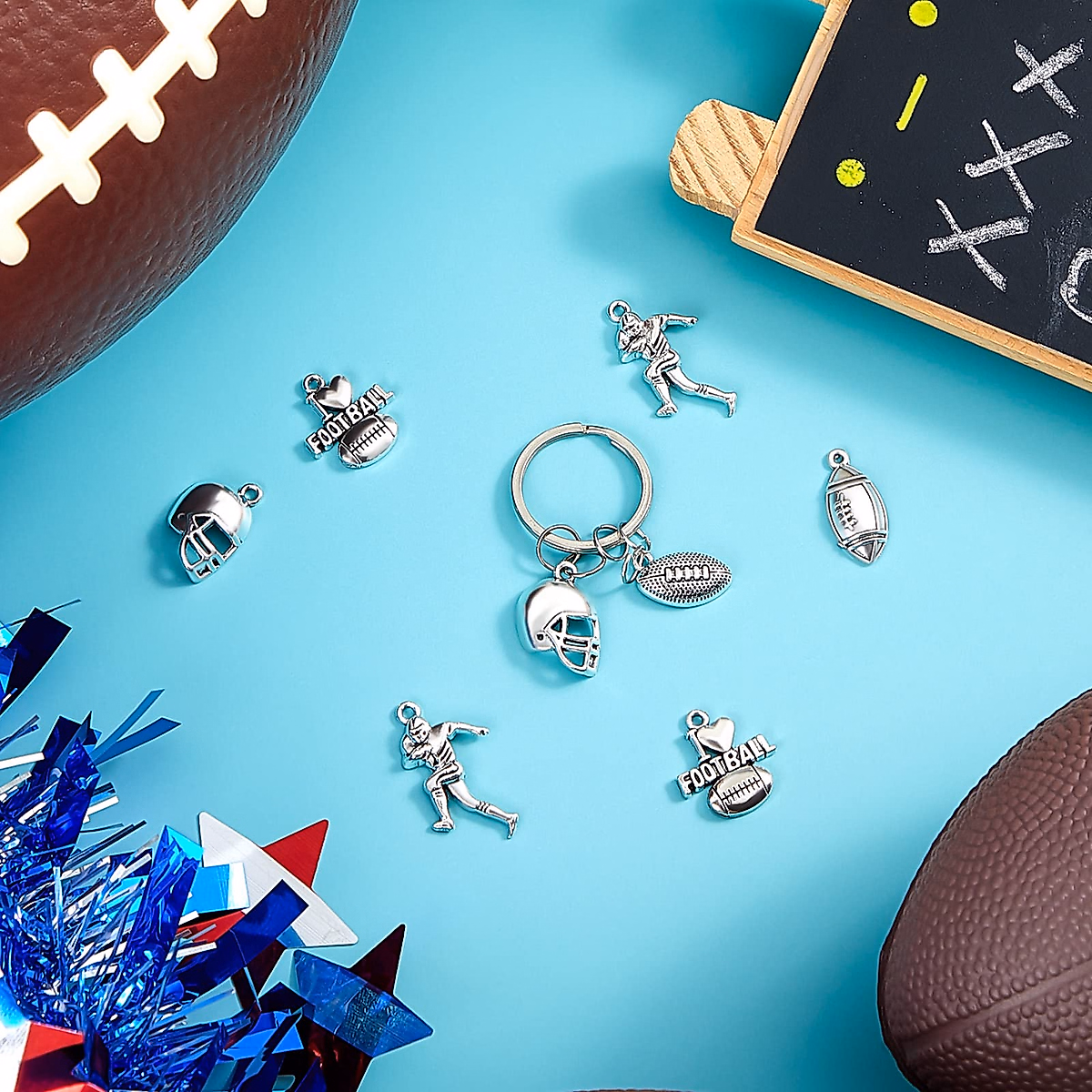 70 Pieces Football Charms Mixed Silver Football Player's Bat Beads Pendants Necklace Crafting Sport Charms Jewelry Making Findings Accessory DIY Necklace Bracelet