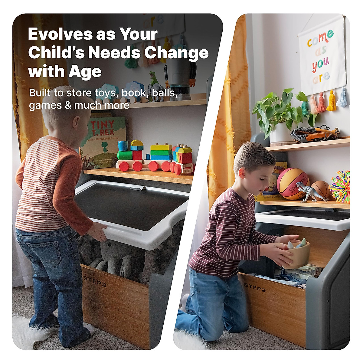 Step2 Harmony Toy Storage Box, Wood and Plastic, Shelves for Books, Toy Storage Bin with Chalkboard Lid and Clip, Easel and Toy Organizer in One