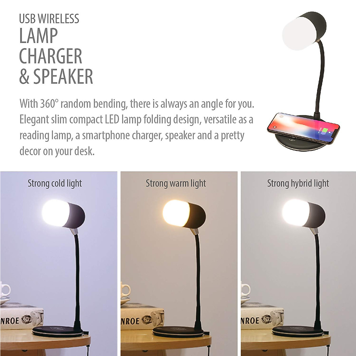 Led desk lamp with QI wireless smart charger. Home office bedside table night light lamp. Bluetooth connected speaker. 3 lighting color changing modes and touch control. Nightlight lamps for bedrooms.