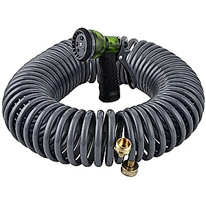 YESTAR 75Ft Garden Coil Hose 3/4" Solid Brass Fittings Leak Proof Connector Recoil Water Hose with 7-Pattern Spray Nozzle Easy to Storage, Kink Free Compact and Durable