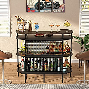 Tribesigns Bar Unit for Liquor, 4 Tier Bar Table with Storage Shelves and Foot Rail, Corner Mini Bar Cabinet with Wine Glasses Holder for Home/Kitchen/Bar/Pub, Black and Walnut