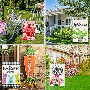 QWETRY Burlap Seasonal Garden Flags Set of 12 Double Sided 12x18 Inch Yard Flags, Welcome Summer Spring Mother’s Day Flags for Outside, Small July 4th Holidays Flag for Outdoor Décor Decorations
