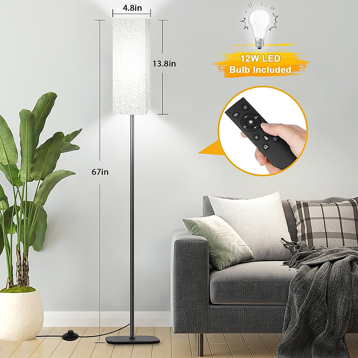 ATAEFR Floor Lamps for Living Room Bedroom, Modern Standing Lamp with Remote Control, Dimmable 3 Color Temperatures, 67" Tall lamp for Reading Office, 12W LED Bulb
