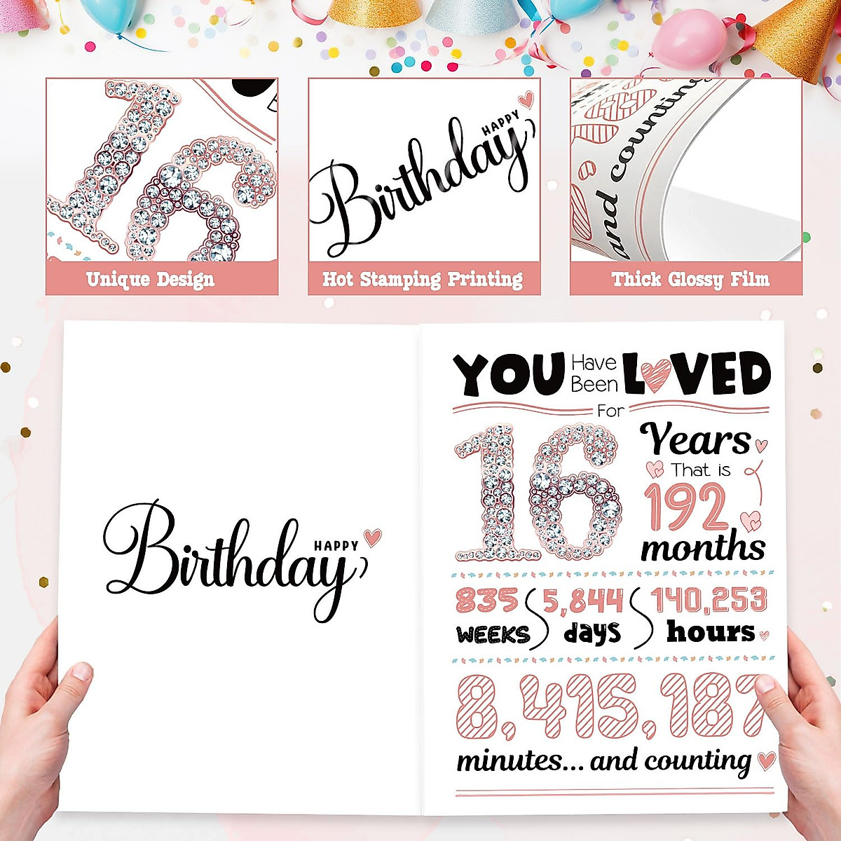 TSVATE Happy 16th Birthday Card, Sweet 16 Birthday Cards, Funny 16 Year Old Girl Birthday Gift Card, Happy 16th Birthday Gift for Women Her, Bday Card for Sweet 16th Daughter - Includes 16 Years Loved