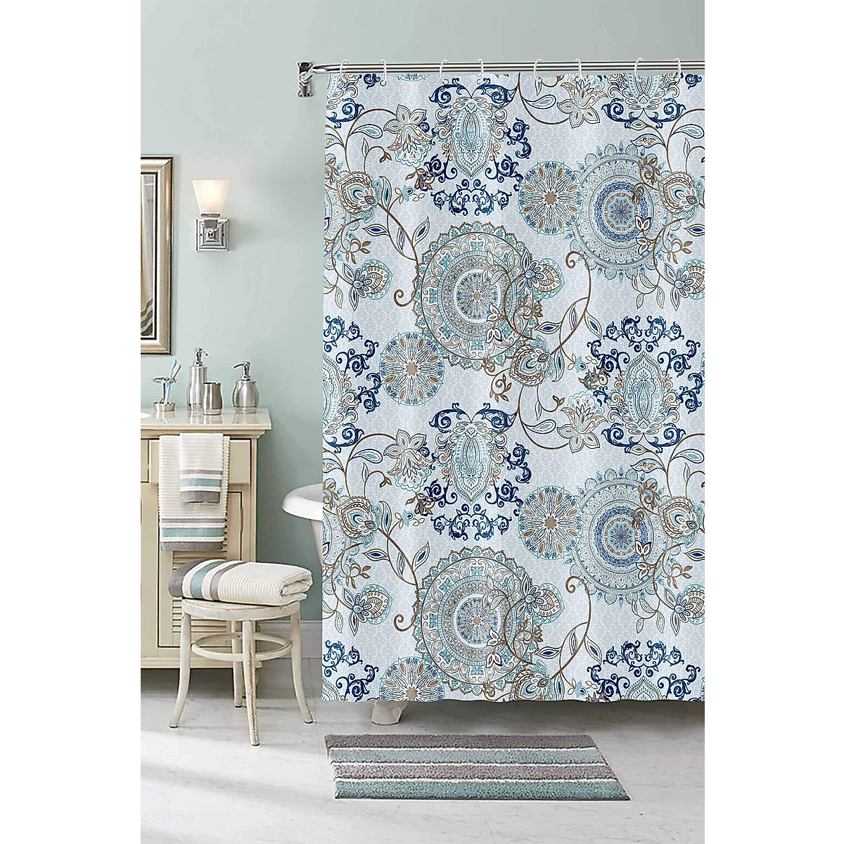 Neasow Teal and White Shower Curtain, Watercolor Floral Bathroom Curtain Light Blue Paisley Design Shower Curtains Aqua 72×72 inches