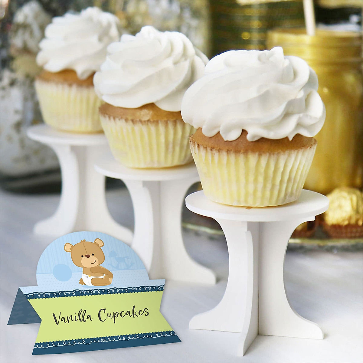 Big Dot of Happiness Baby Boy Teddy Bear - Baby Shower Tent Buffet Card - Table Setting Name Place Cards - Set of 24