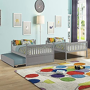 Full Over Full Bunk Bed with Trundle, Convertible to 2 Full Size Platform Bed, Full Size Bunk Bed with Ladder and Safety Rails for Kids, Teens, Adults, Grey