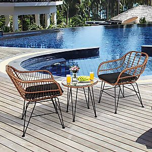 Tangkula 3 Pieces Patio Conversation Bistro Set, Outdoor Wicker Furniture w/Round Tempered Glass Top Table & 2 Rattan Armchairs, Bistro Chat Set w/Seat Cushions for Porch, Backyard (Black)