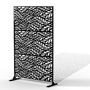 Outdoor Privacy Screen, Decorative Privacy Screen with Stand 6FT Metal Divider for Outdoor Garden Backyard Patio Free Standing, Black (Leaf)