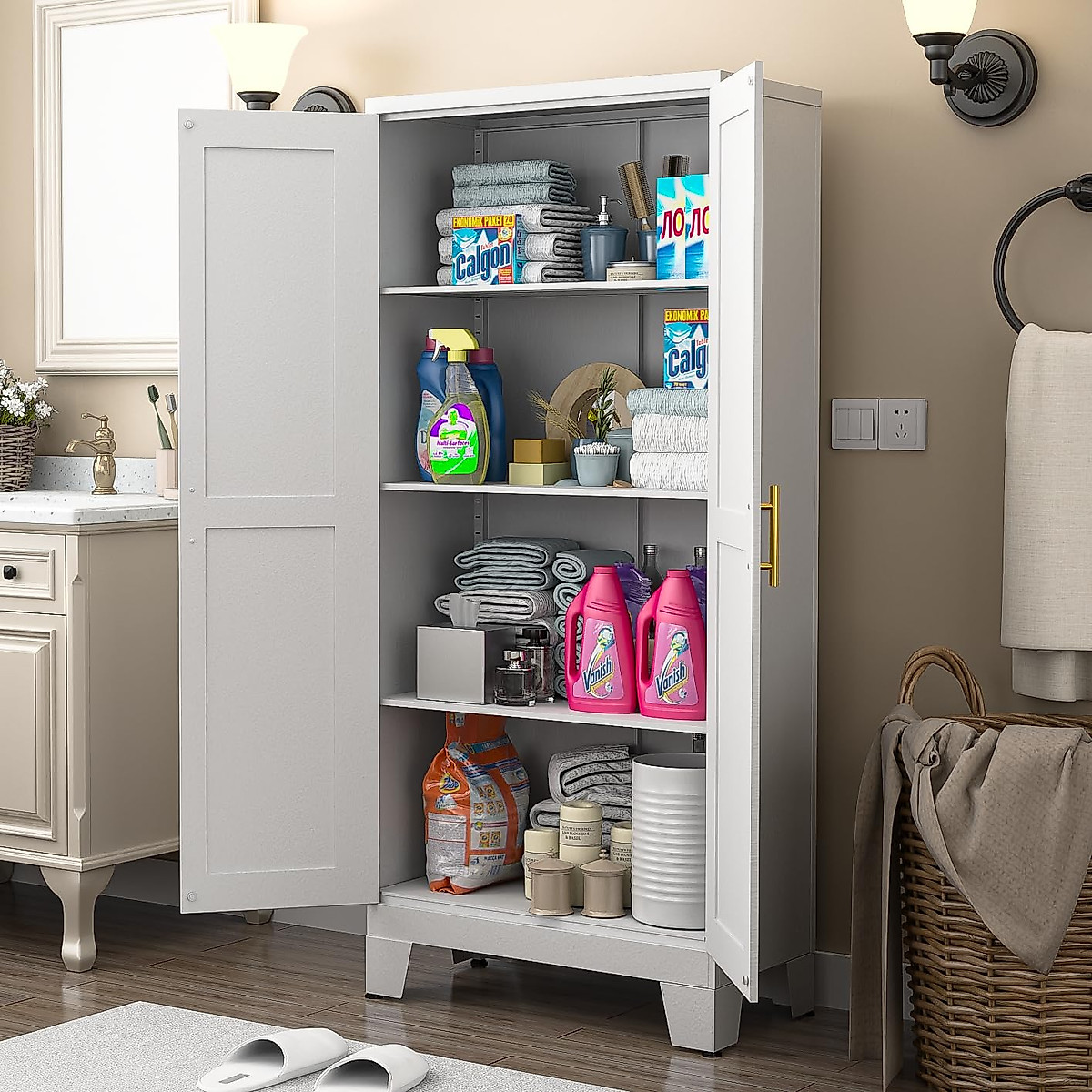 White Metal Pantry Cabinet with 2 Doors and Adjustable Shelves, 61" Kitchen Storage cabinets with Gold Handles, Versatile Storage for Laundry/Living/Dinning Room, Bathroom,Utility Room