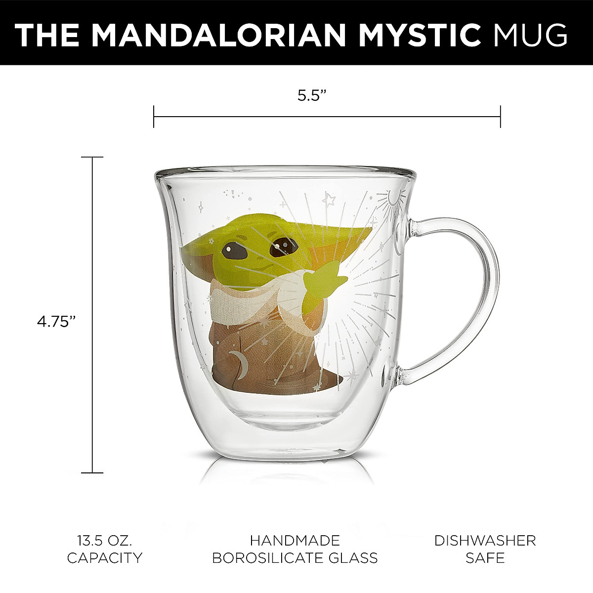 JoyJolt Mandalorian Mystic Grogu 13.5oz Coffee Mug, Double Wall Mug Set of 2. Large Espresso Cups, Cappuccino or Latte Cup. Mandalorian Star Wars Mugs, Glass Coffee Cup, Insulated Coffee Mug