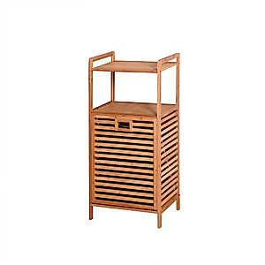 Tilt Out Laundry Hamper, Bamboo Laundry Linen Hamper with Storage Shelves & Removable Clothes Basket, 2 Tier Freestanding Laundry Shelf for Guest Bathroom Laundry Room, Natural