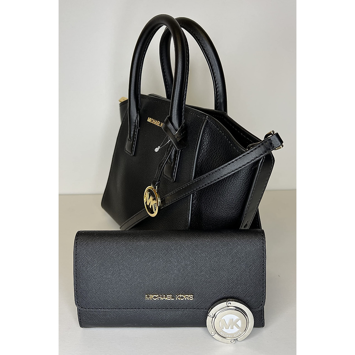 Michael Kors MICHAEL Michael Kors Avril Small Logo Top-Zip Satchel bundled with Trifold Wallet Purse Hook (Black)