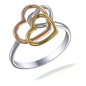 VIR JEWELS Fashion Heart Ring 3 Hearts Trio Color Pink and Rose Gold Plated Sterling Silver Size 9