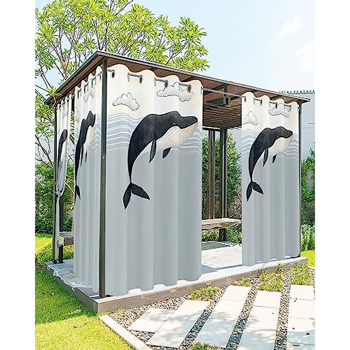 HERBED Outdoor Curtains for Patio 1 Panel Cartoon Whale Under The Sea and Clouds Waterproof Privacy Outside Curtain Sun Blocking Grommet Blackout Drapes for Porch Gazebo Pergolas Balcony 52x84 Inch