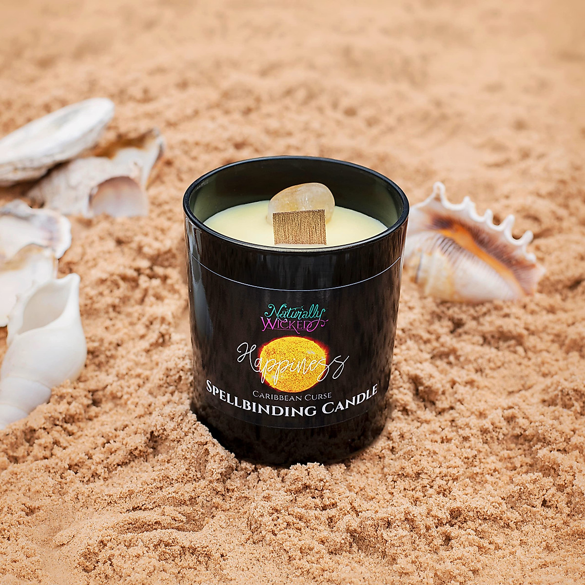 Naturally Wicked Spellbinding Happiness Candle with Crystal, Wood Wick & Gift Box