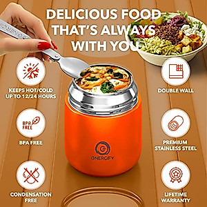 ENERGIFY Vacuum Insulated Food Jar Made of Premium BPA-Free Stainless Steel. 17oz Thermos Includes Folding Spoon and Cup. Hot & Cold Lunch, Drinks Container For Kids and Adults. Leak Proof, Orange.