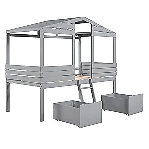 Merax Twin Kids Wood Low Loft House Bed with Drawers and Ladder Loft Bunk Bed for Juniors,Boys, Girls,No Box Spring Needed, Gray