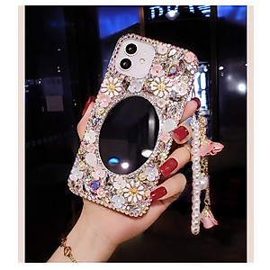 redecarie for Galaxy Note 10 Plus Bling Diamond Rhinestone Mirror Case,Women Girls Cute 3D Glitter Shiny Sparkle Protective Floral Phone Case with Lanyard for Samsung Galaxy Note 10 Plus