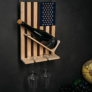 The Wine Savant American Flag Wall Mounted Wine Rack, Beautiful Wine & Bottle Holder & 2 Glasses Patriotic Home Decor - Storage Display Holder - Patriots, Veterans, Military 16" H - Gift Idea Gifts