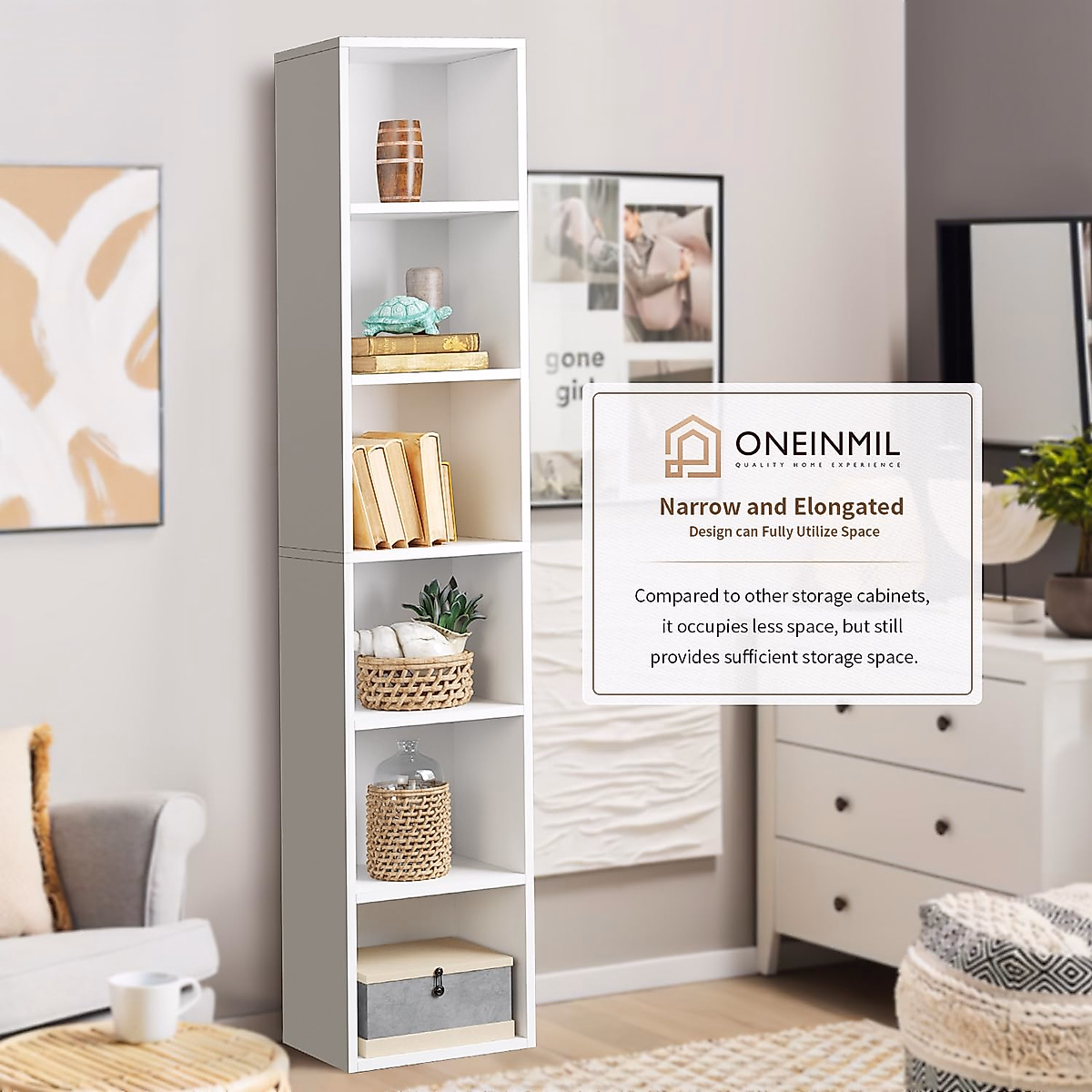 oneinmil Tall Narrow Bookshelf, 6-Tier Cube Display Rack, Modern Corner Bookshelf with Storage Space, Storage Cabinet for Home Office,White