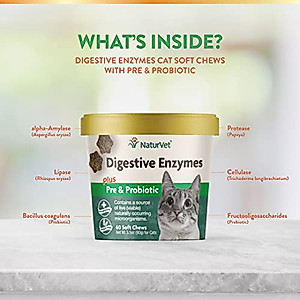 NaturVet – Digestive Enzymes For Cats Plus Probiotics – 60 Soft Chews – Helps Support Diet Change & A Healthy Digestive Tract – Aids in the Absorption of Vitamins & Minerals – 30 Day Supply
