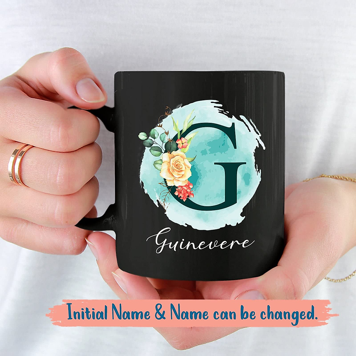 Initial Name Coffee Cup, Flower Ceramic Mug, Present For Friends, Custom Floral Ceramic Mug Gift For Birthday, Floral Coffee Cup, Initial Floral Alphabet Coffee Mugs, Black Tea Mug 11Oz Or 15Oz