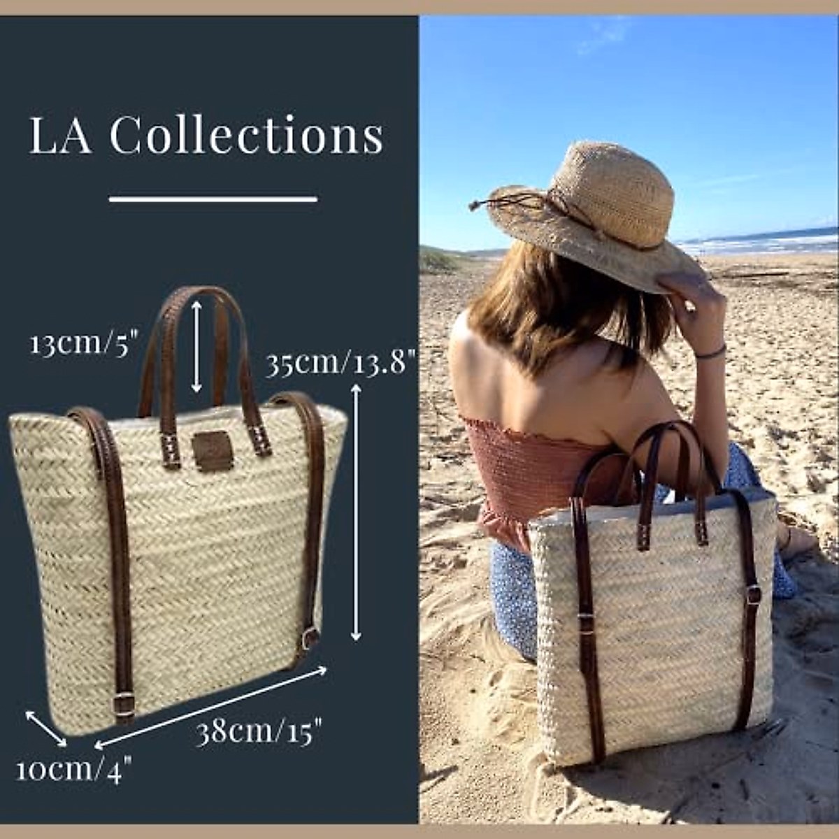 LA Collections Natural Straw and Leather Bag, Backpack, Tote, Adjustable Leather Straps, Perfect for Beach, Shopping, Market, Picnic, Music festival. Handcrafted by Moroccan artisans.
