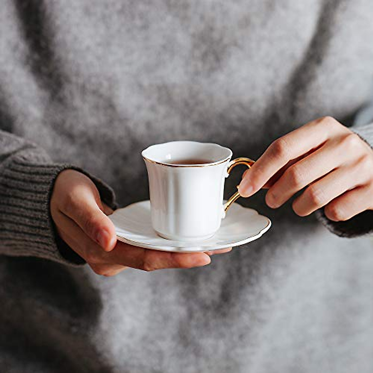 BTaT- Small Espresso Cups and Saucers, Set of 6 Demitasse Cups (2.4 oz) with Gold Trim and Gift Box, Small Coffee Cup, White Espresso Cup, Turkish Coffee Cup, Porcelain Espresso Cup