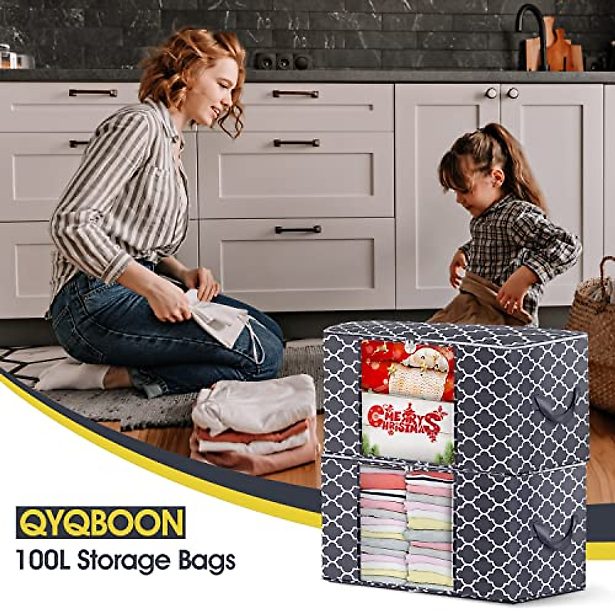QYQBOON Large Clothes Storage Bags 100L Storage Bins Organizer Clothing Thicken Storage Containers for Comforter Blanket Bedding, Foldable with Reinforced Handle, Clear Window, Sturdy Zippers, 3 Pack