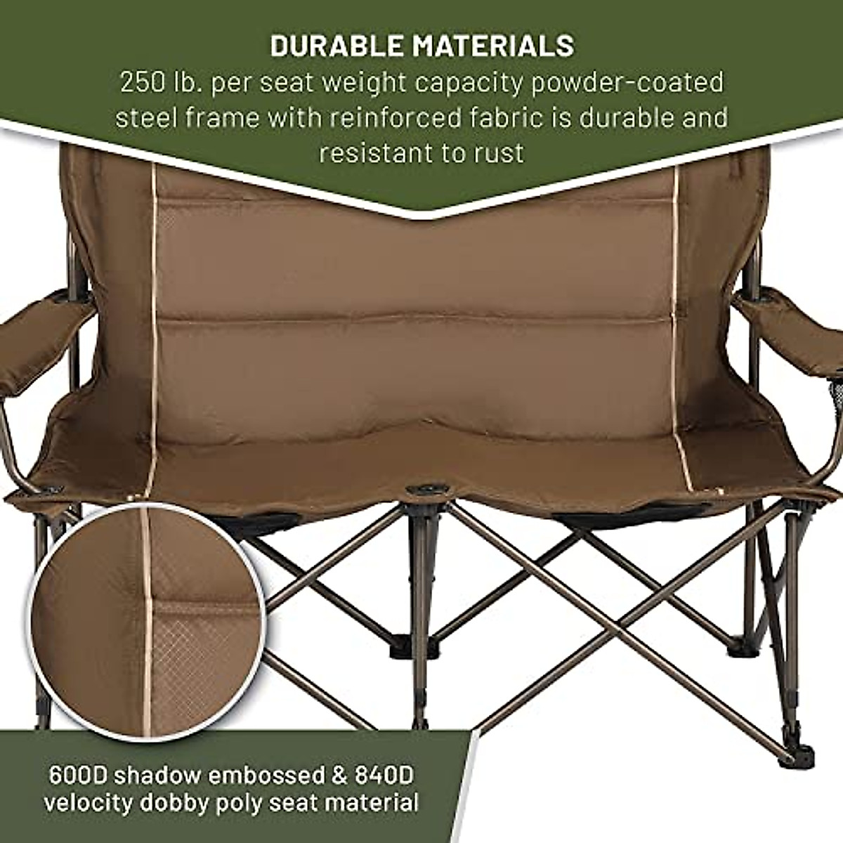 TIMBER RIDGE 2 Person Folding Loveseat Comfortable Double Foldable Camping Chair Folding Lawn Chairs for Outside, Earth Brown
