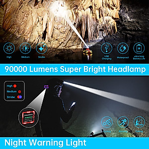 LED Rechargeable Headlamp, Headlight 90000 Lumens Super Bright with 6 Modes & IPX5 Warning Light, Motion Sensor Adjustable Headband Head Lamp, 60° for Adult Outdoor Camping Running Cycling
