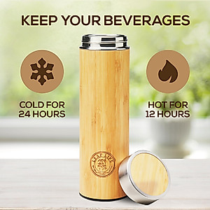 LeafLife Premium Bamboo Thermos with Tea Infusers for Loose Tea 17oz - Hot & Cold for 12 Hrs - Tea Accessories - Long Handled Tea Strainers - Unique Gifts for Women, Tea Gift Set for Women
