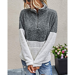 BTFBM Women Sherpa Pullover Quarter Zip Long Sleeve Fluffy Soft Fleece Jackets Sweaters Sweatshirts Hoodies Outwear Coat (Grey, Medium)