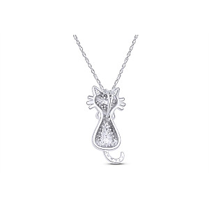 THE JEWEL ZONE White Natural Diamond Fashion Cat Pendant Necklace in 14k White Gold Over Sterling Silver (0.33 Ct)