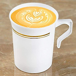 BloominGoods 50 Heavyweight Disposable White Plastic 8 oz. Coffee Mugs with Gold Trim | Tea, Cappuccino, Espresso Cups with Handles (50-Pack)
