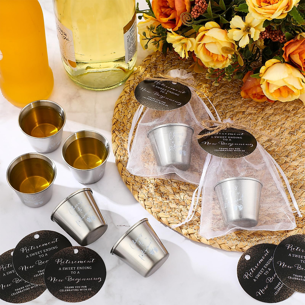 Havawish 25 Sets Retirement Party Favors for Guests Cheers to Retirement Short Glasses Stainless Steel Shot Glasses with Thank You Tags Organza Bags Retirement Souvenirs Party Decorations