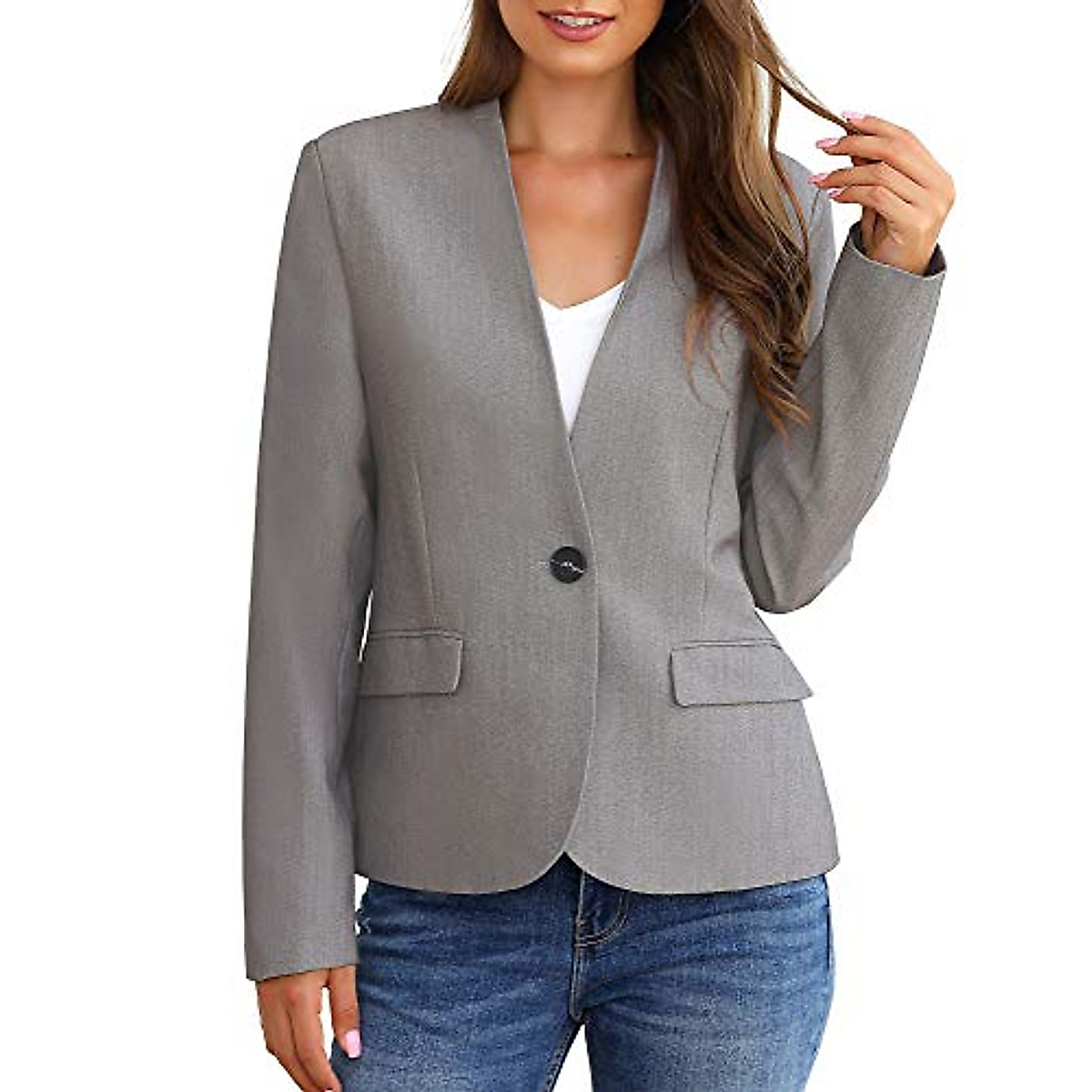 GRAPENT Women's Grey Business Casual Pockets Work Office Button Back Slit Long Sleeves Blazer Lightweight Jacket Suit Size Small US 4-6